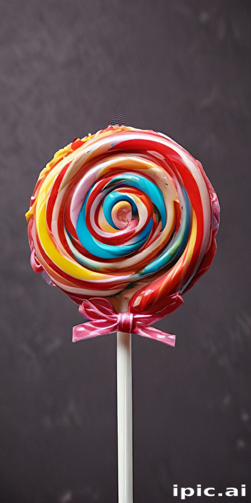 Colorful Swirled Lollipop with a Bright Ribbon Against a Dark Background