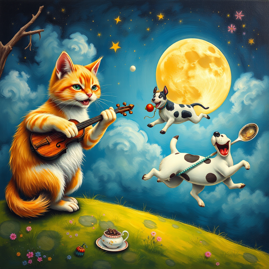 Whimsical Nighttime Scene of a Cat Playing Music for Joyful Dogs