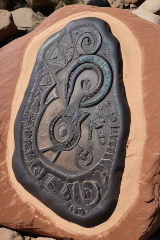 Ancient Engraving on Rock Surface with Intricate Symbols and Designs.