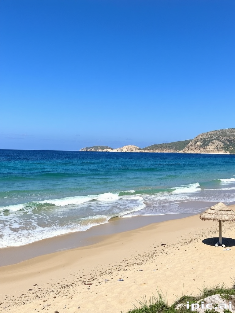 A Serene Beach Scene with Gentle Waves and Clear Blue Skies