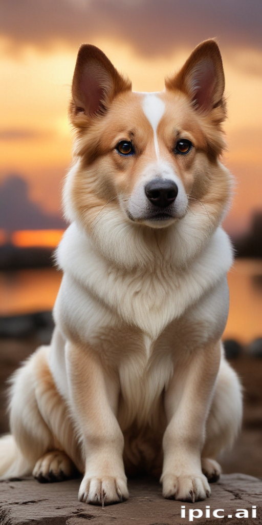 A Beautiful Dog Sitting Gracefully Against a Stunning Sunset Background.