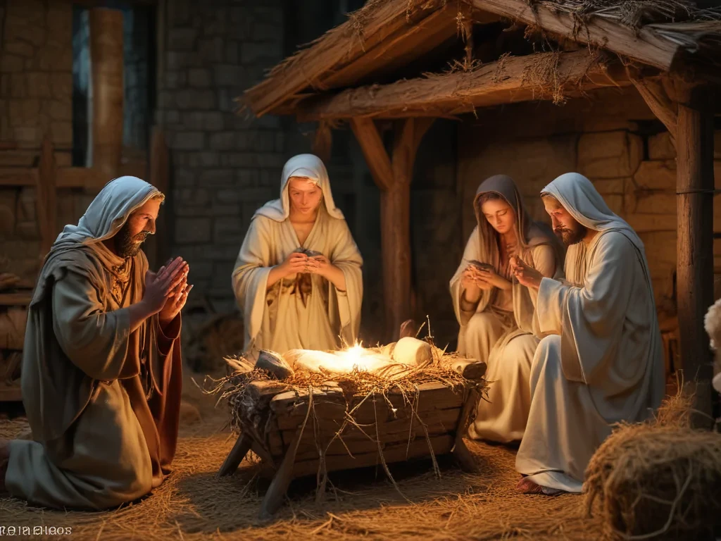 Nativity Scene Depicting the Holy Family Gathering Around the Manger