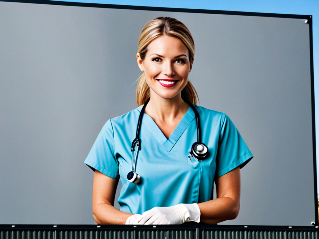 A Real Nurse in a Beyond Care Scrubs Ad printed on a billboard in the USA