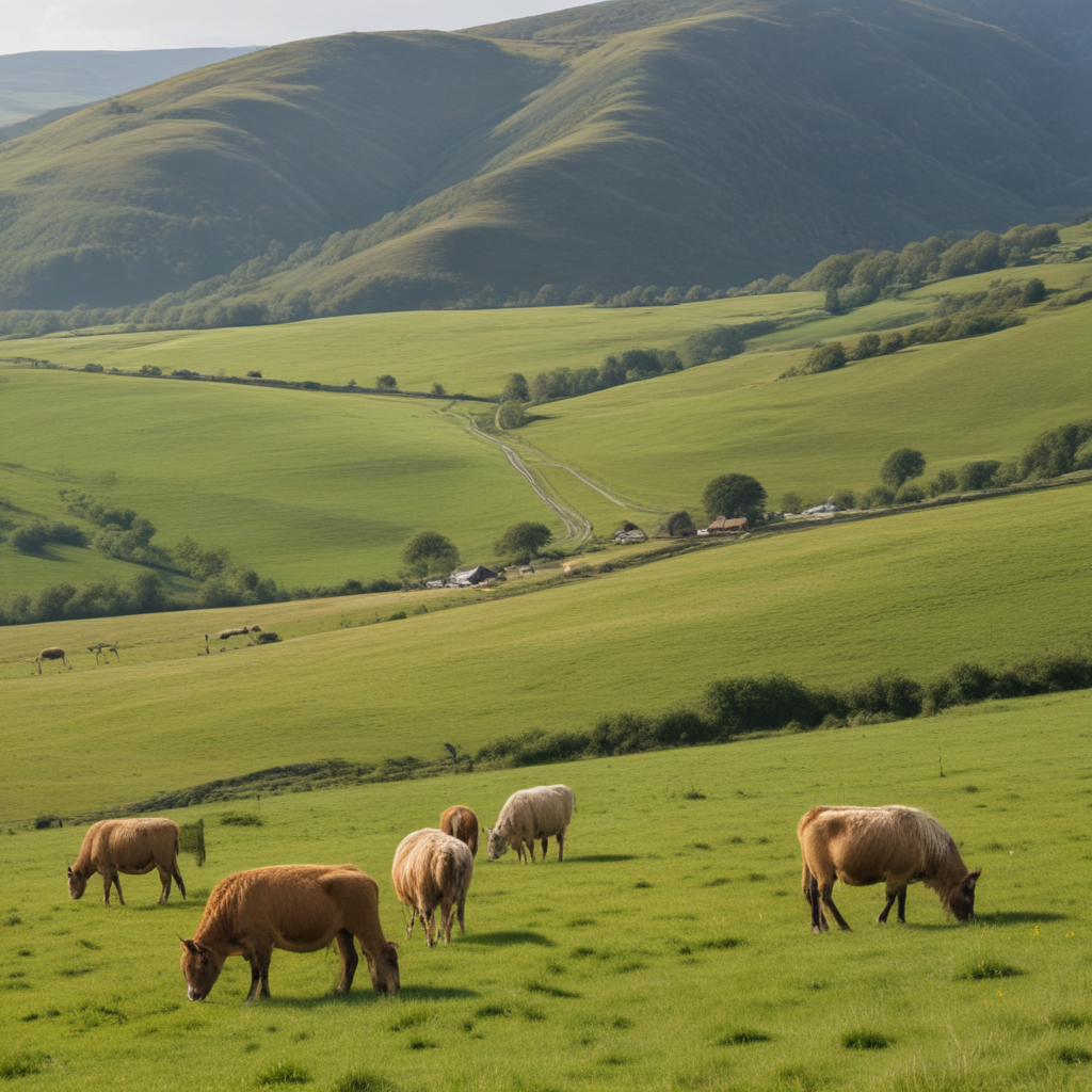 Find the picture depicting a peaceful countryside scene with rolling ...