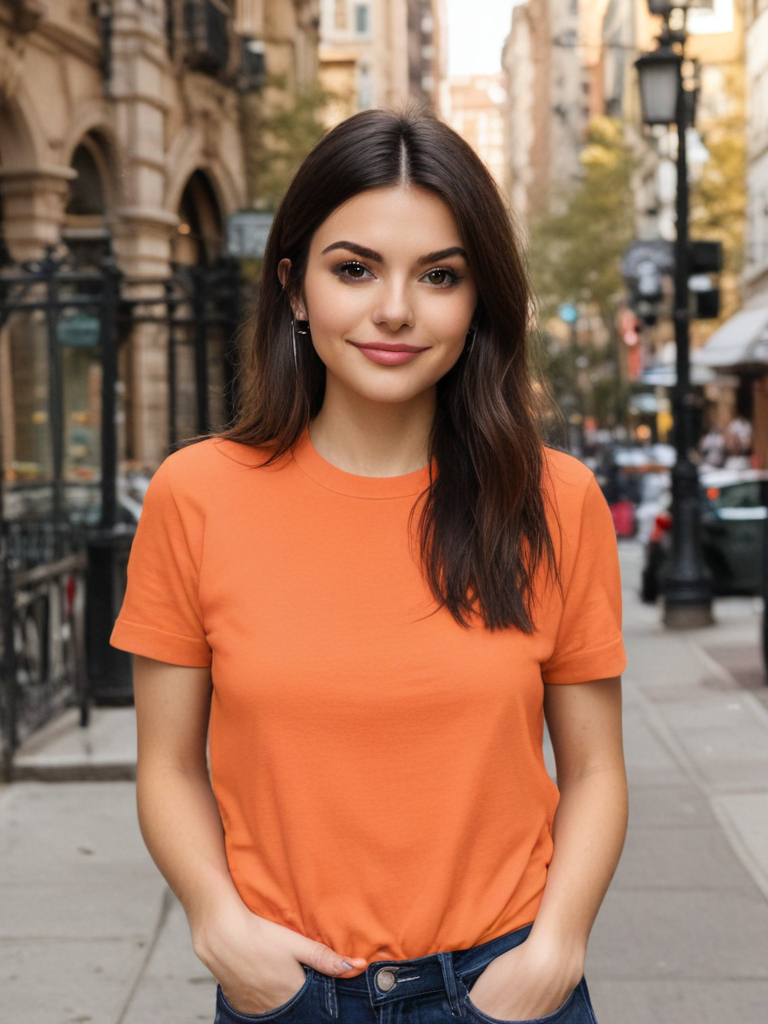 Victoria Justice in orange t-shirt