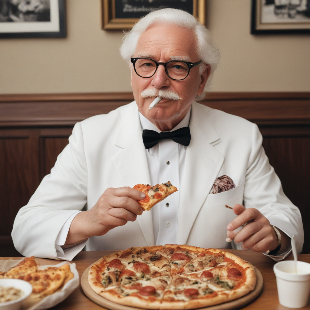 Colonel Sanders eating pizza