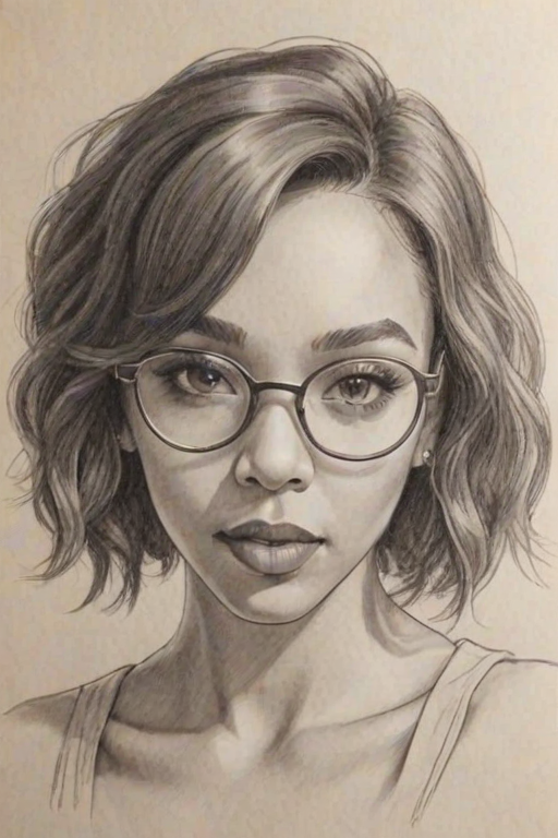 A Realistic Pencil Drawing of a Young Woman with Glasses and Wavy Hair.