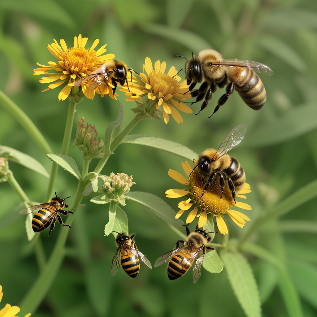 A Vibrant Scene of Bees Pollinating Bright Yellow Flowers in Nature.