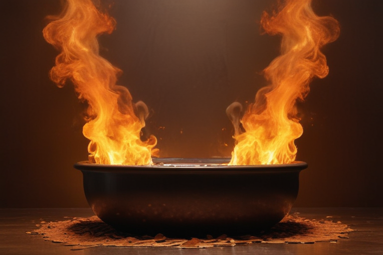 Majestic Flames Erupting from a Dark Pot Against a Fiery Background