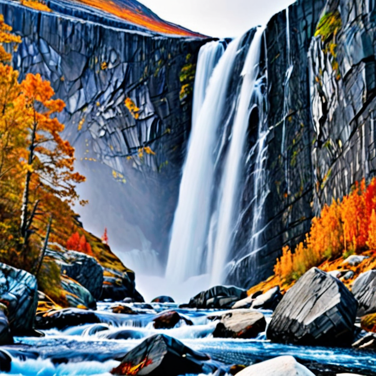 waterfall in autumn colors and icy rocks in arctic norway