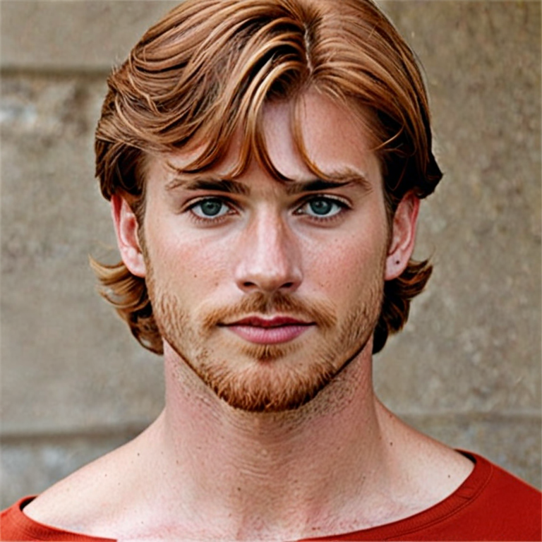 man with auburn hair with a slight curl, scruff on his face, and hazel eyes