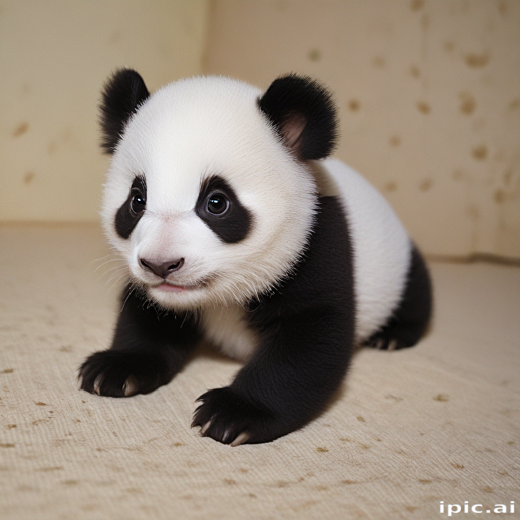 Adorable Baby Panda Cuddling and Exploring Its Cozy Indoor Environment.