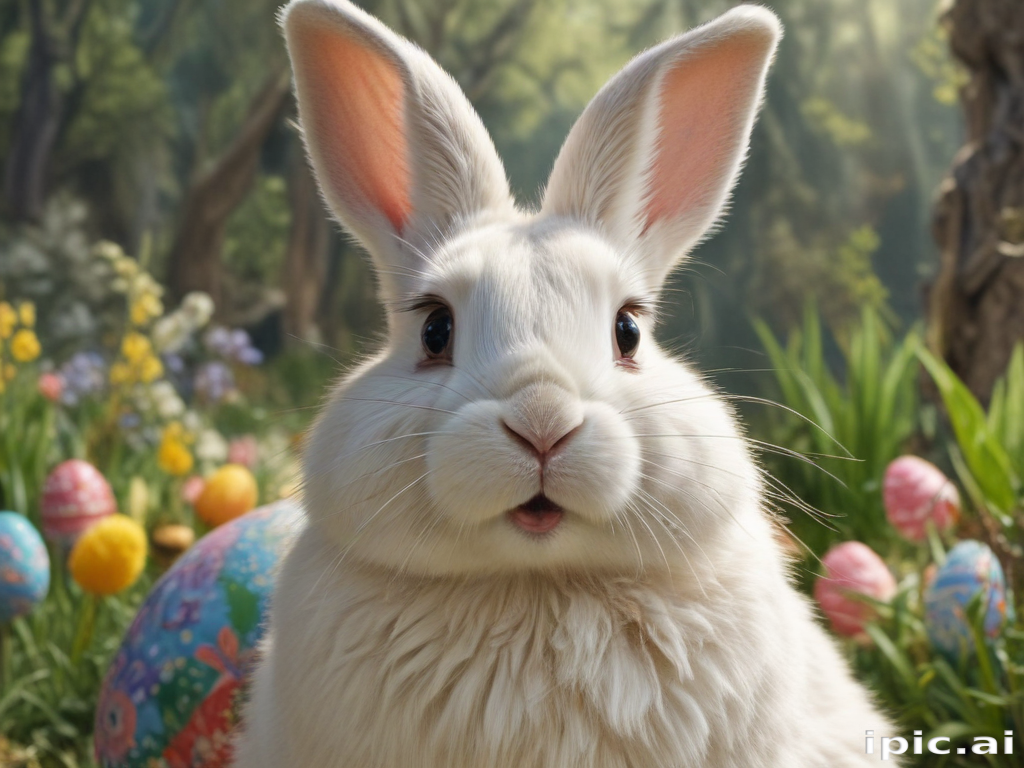 A Cute White Rabbit Surrounded by Colorful Easter Eggs in Nature.