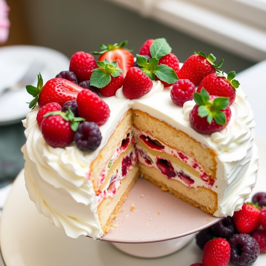Deliciously Decorated Layer Cake with Fresh Berries and Whipped Cream ...
