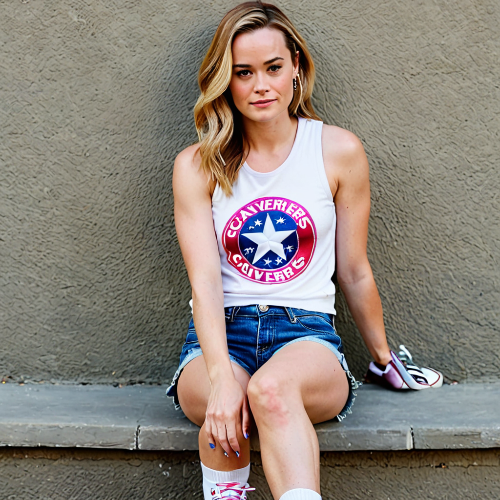 Mcu Brie Larson Carol Danvers sitting in Pink Tank Top, Blue Jean ...