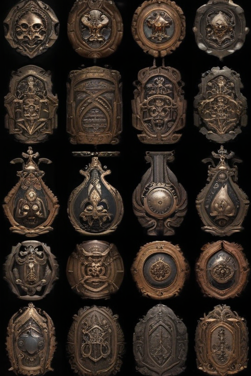 Intricate Collection of Ornate Shields Featuring Skulls and Gothic Designs