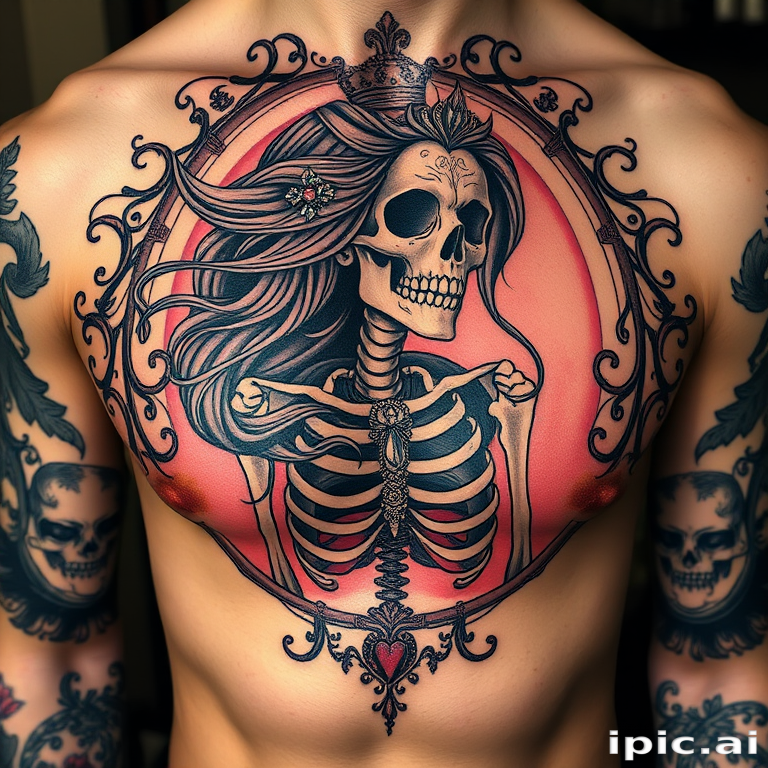 Intricate Tattoo Featuring a Skeleton Woman Surrounded by Elegant Designs