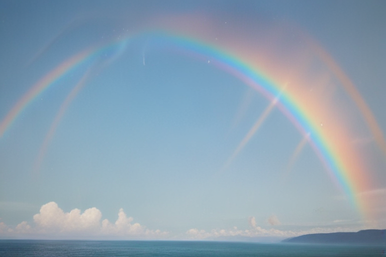 A Beautiful Rainbow Arching Over a Tranquil Ocean Under Clear Skies.