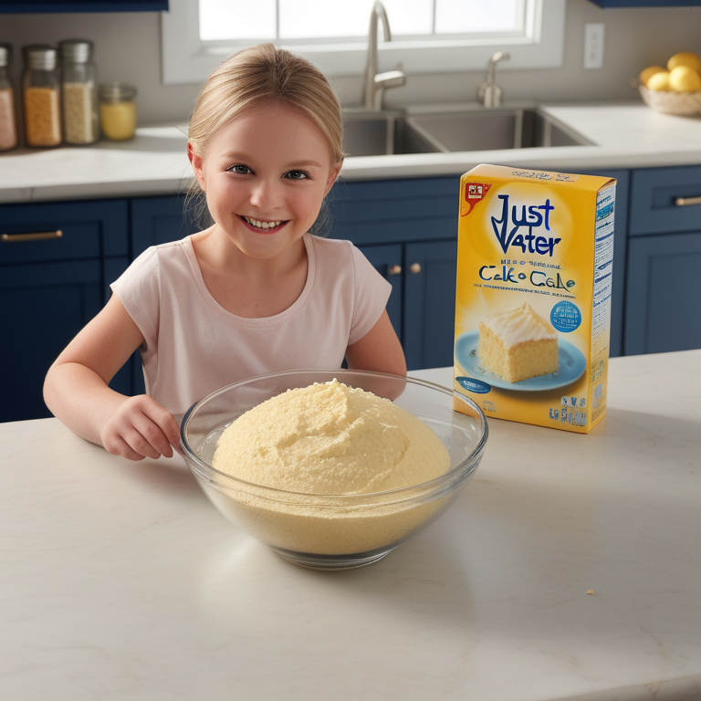 Young Girl Smiling While Preparing Cake Mix in a Bright Kitchen