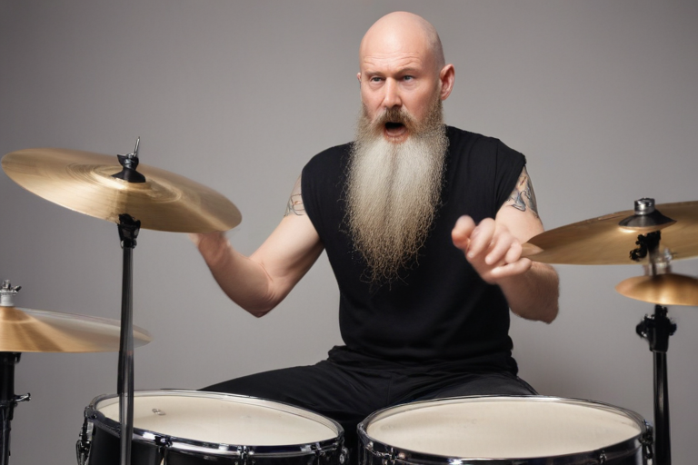 Bald man with long beard, playing eletric drums