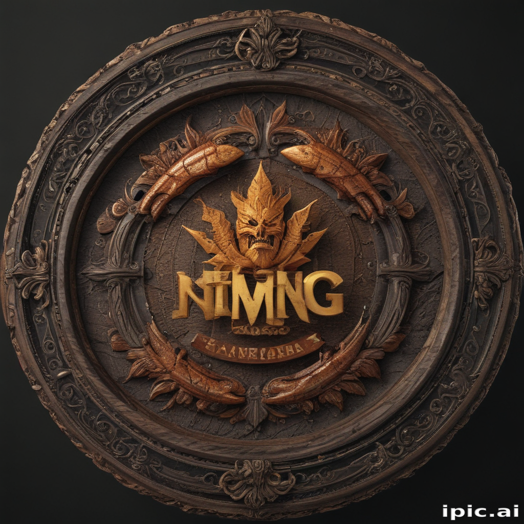 Intricately Carved Wooden Emblem Featuring the Title 'NIMING' in Bold ...