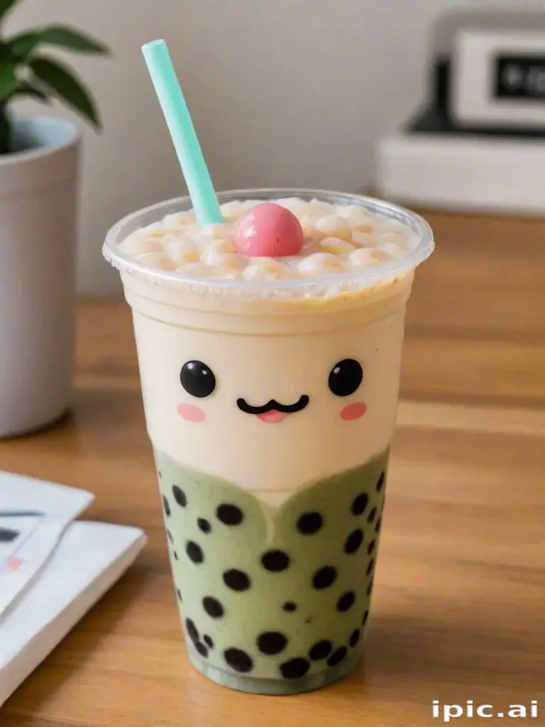 Adorable Bubble Tea Cup with Cute Face and Colorful Toppings Delight