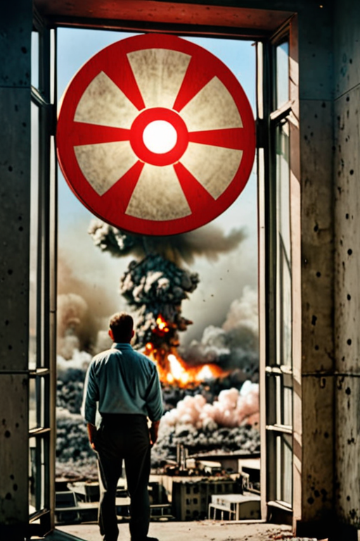 A man standing in front of a big red button with a nuclear sign on it ...