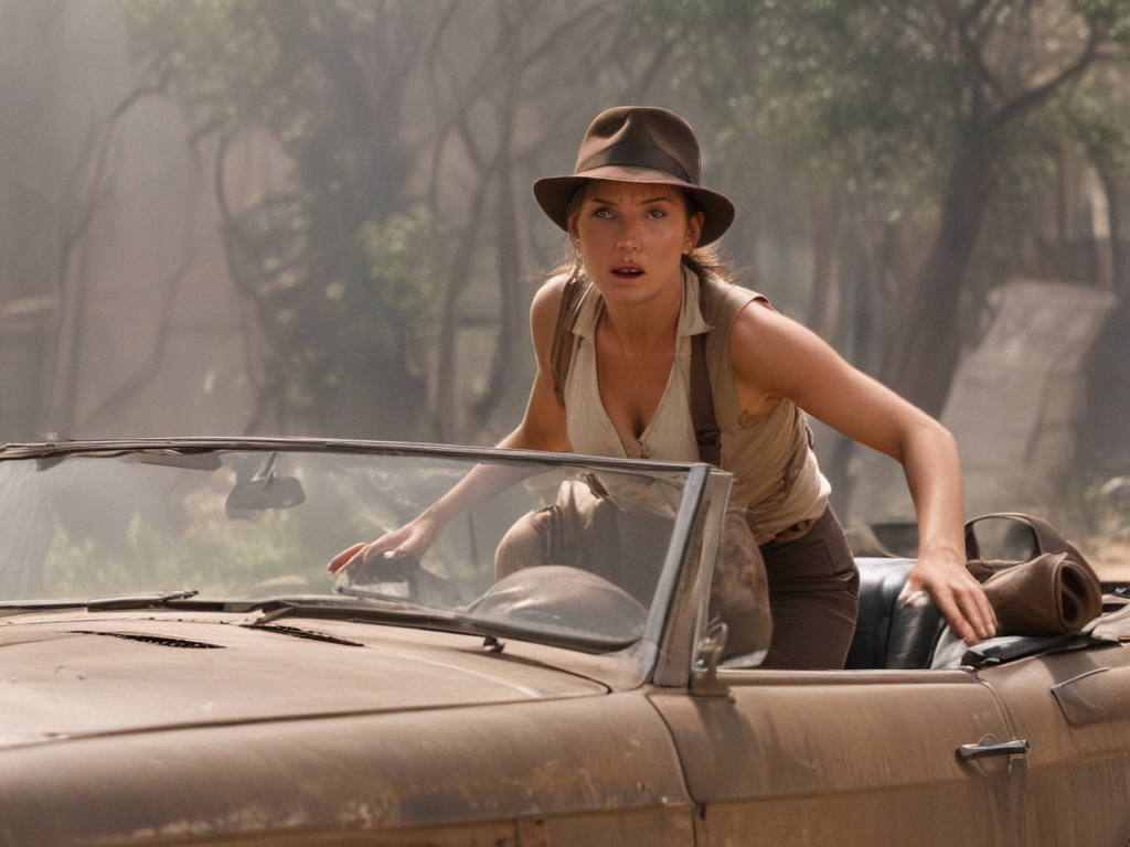 Indiana Jones is grabbing onto the hood of a car. a woman is driving ...