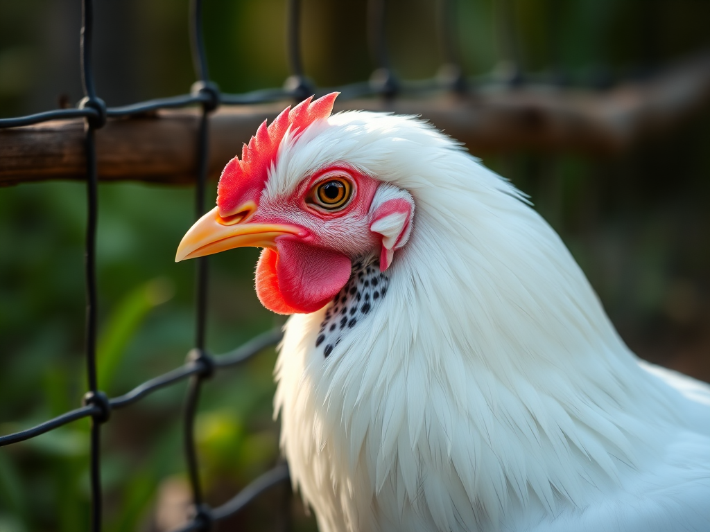 A Close-Up Portrait of a Beautiful White Chicken in Natural Light