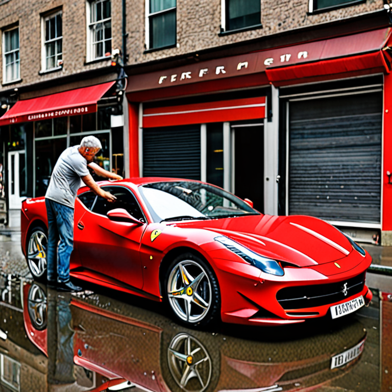 A man washing red ferrari.