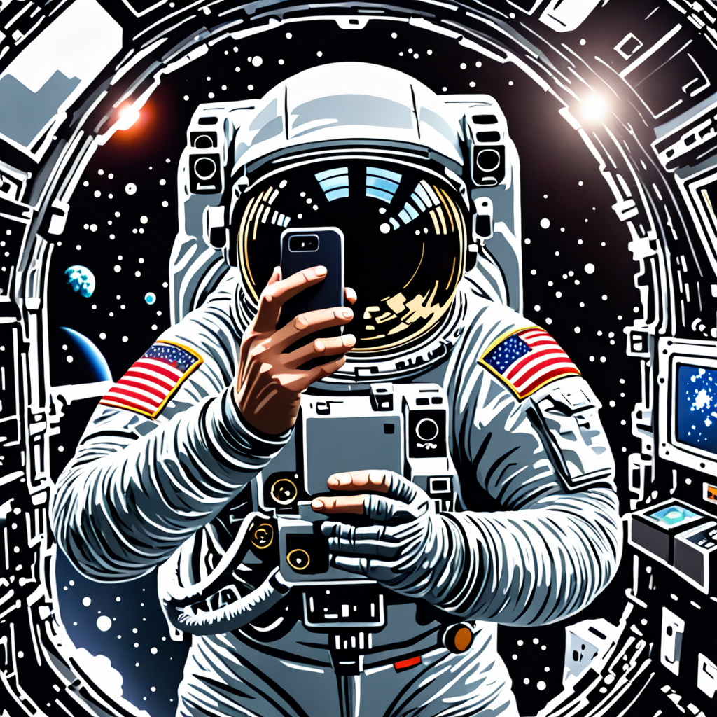 Astronaut with cell phone in space