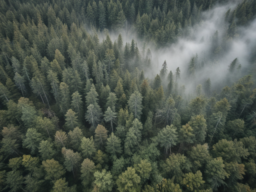a misty forest from above
