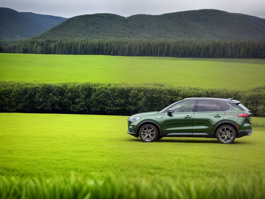 Picture of an old car on a green farm, the sun is about to set, there ...