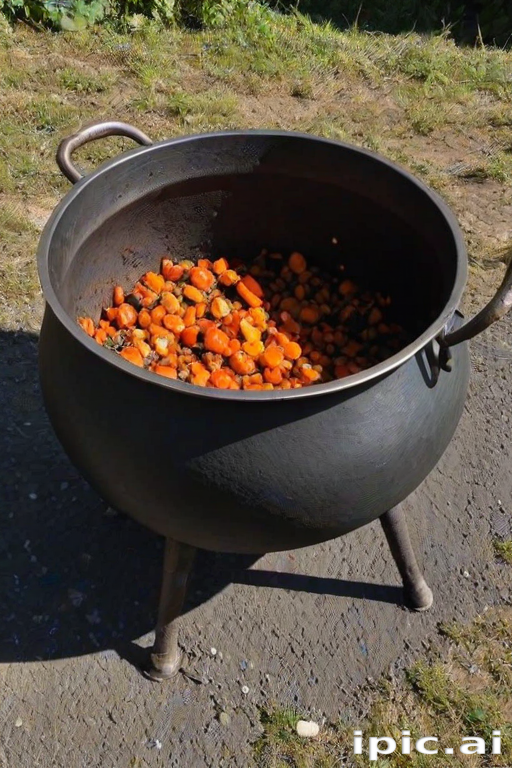 Large Black Cauldron Filled with Bright Orange Carrots Cooking Outdoors