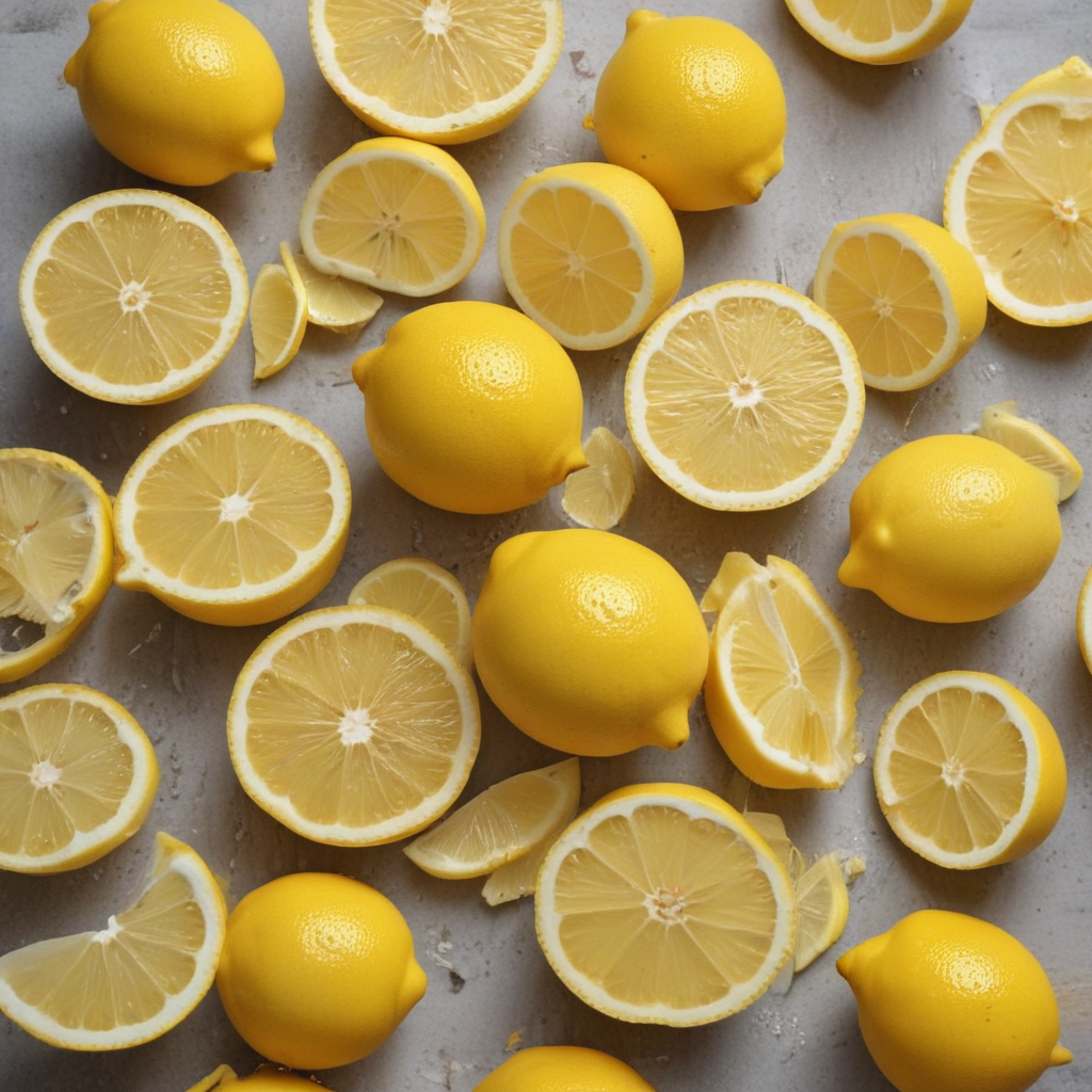 A Vibrant Collection of Fresh Lemons and Sliced Lemon Halves on Display.