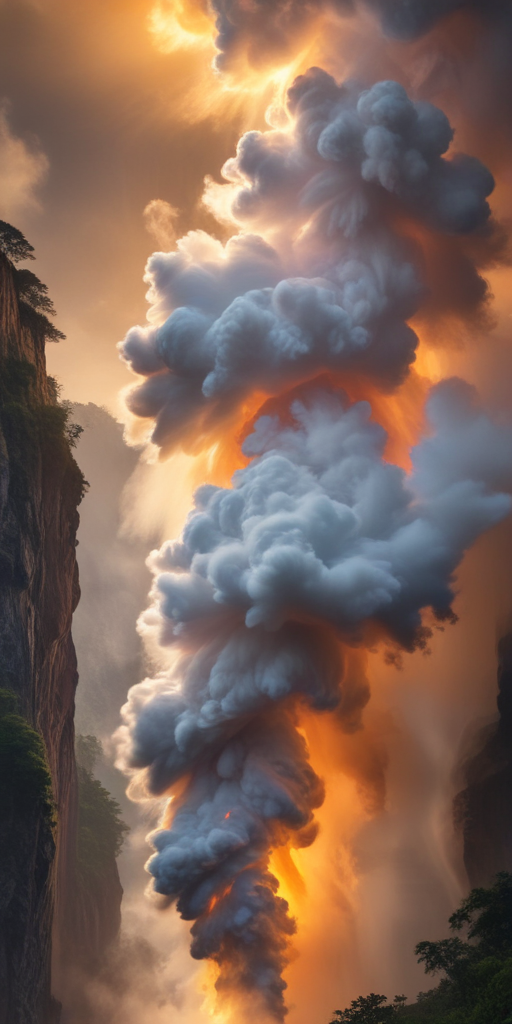 Majestic Eruption of Volcanic Ash Illuminated by Fiery Sunset Glow
