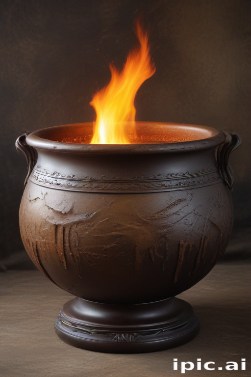 Ancient Clay Pot with a Vibrant Flame Dancing Above It
