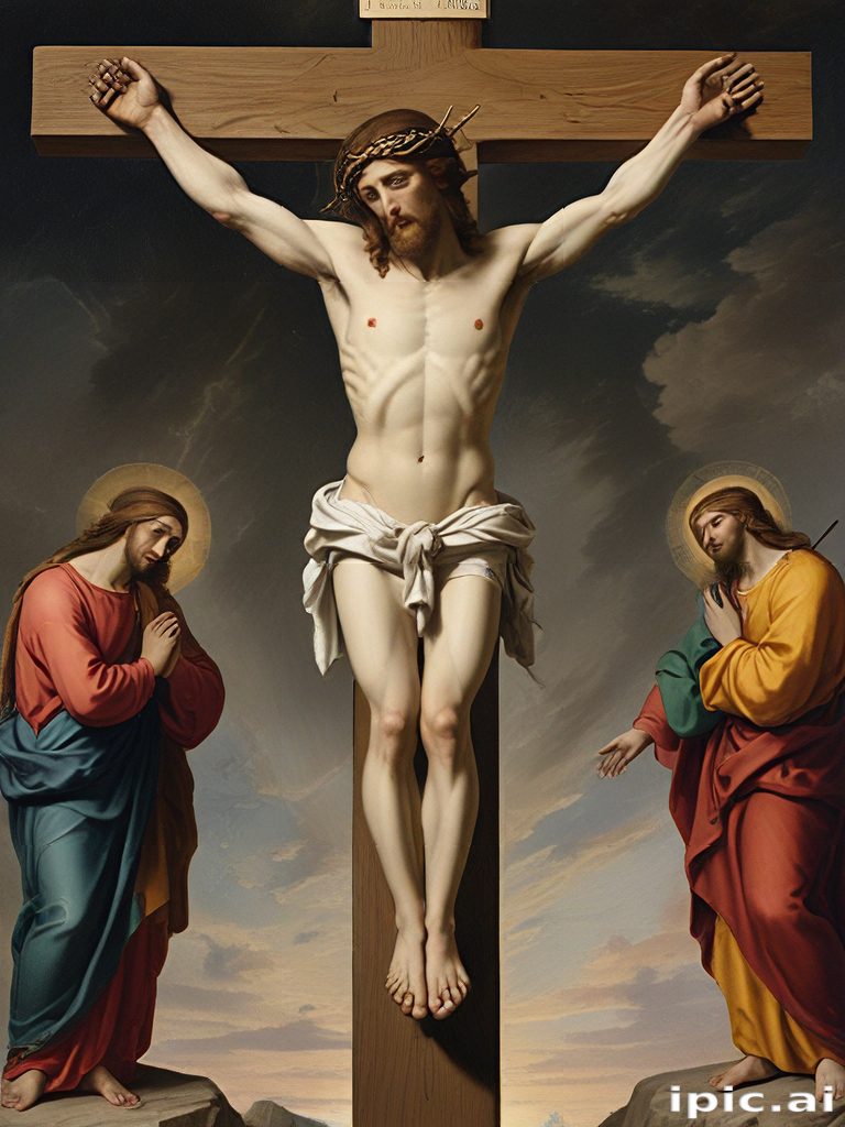 Crucifixion of Jesus Christ Surrounded by Saints in a Dramatic Setting