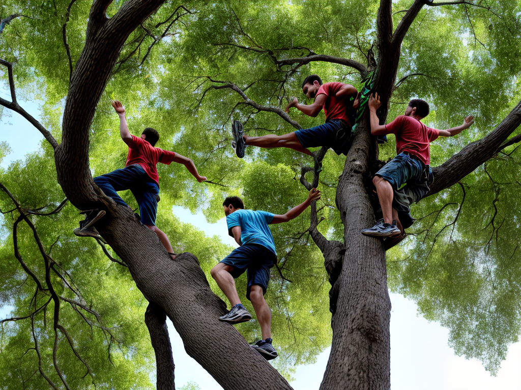 Two guys helping each other to climb a tree