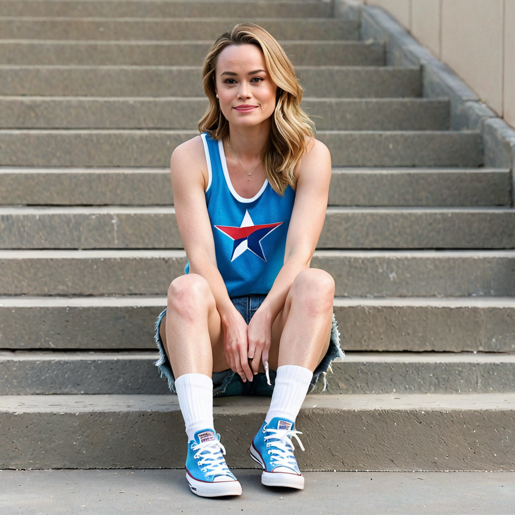Mcu Brie Larson Carol Danvers sitting in Pink Tank Top, Blue Jean ...