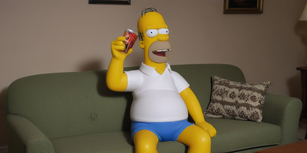 Homer Simpson drinking duff while sitting on the couch