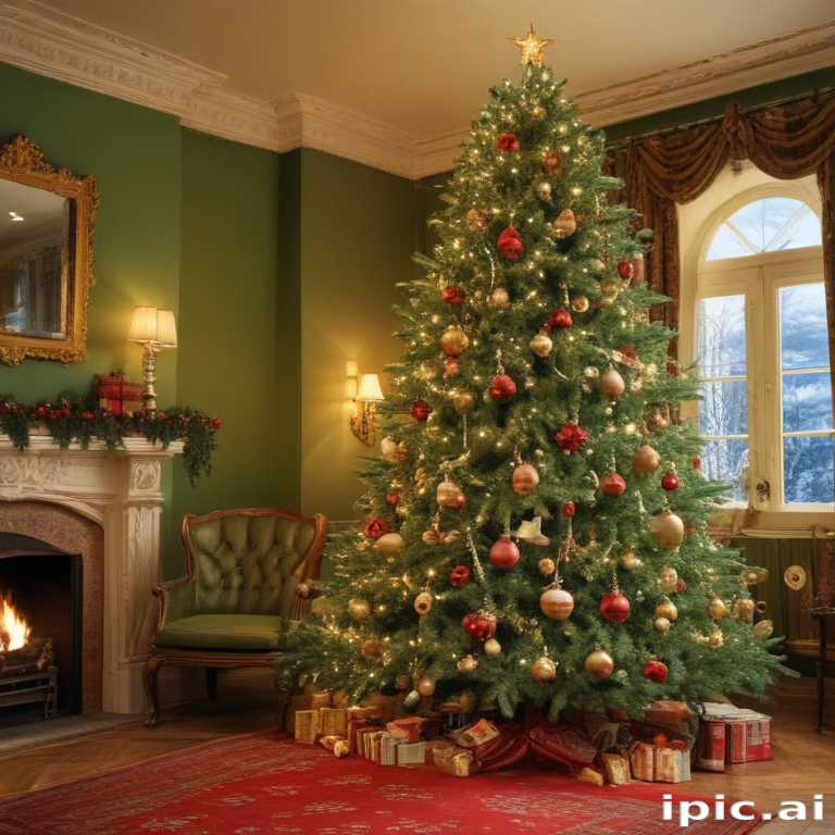 A Cozy Christmas Scene Featuring a Beautifully Decorated Evergreen Tree