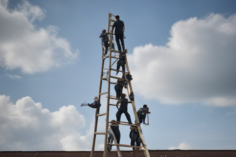 A human ladder made out of thiefs with sky masks, realistic