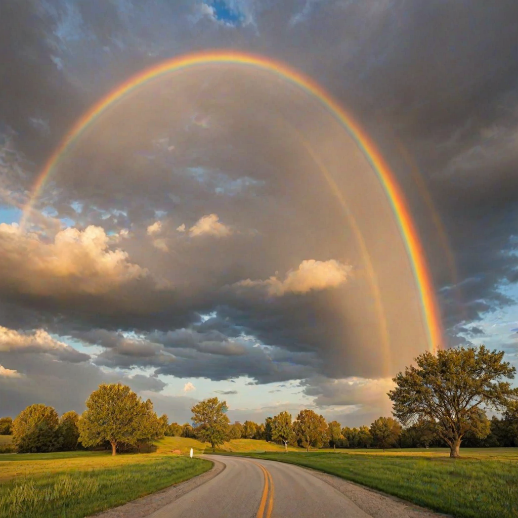 A Vibrant Double Rainbow Arches Over a Serene Country Road Landscape