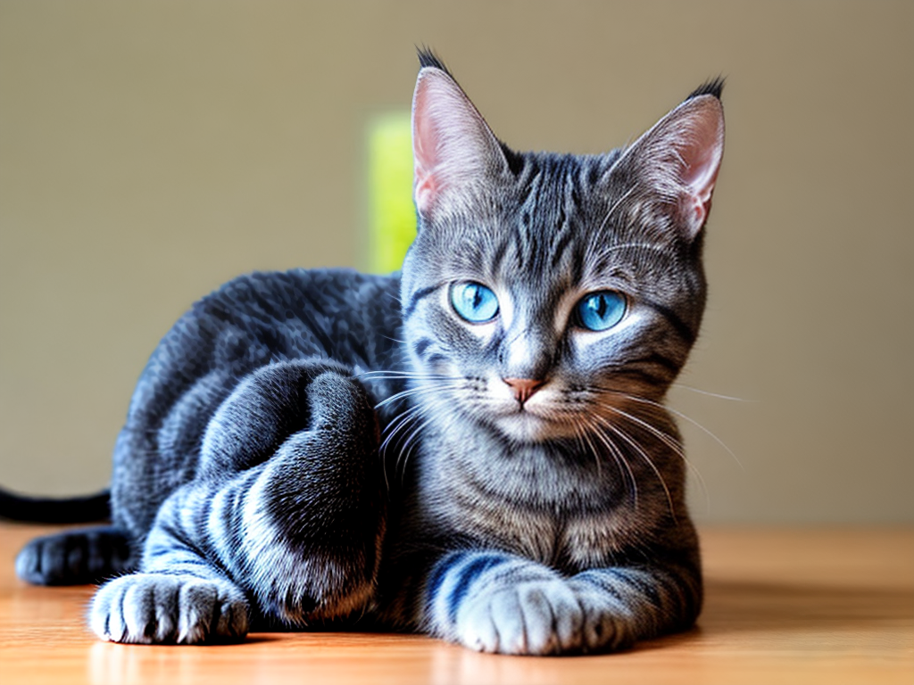 short haired dark blue tabby male cat with pale blue eyes.
