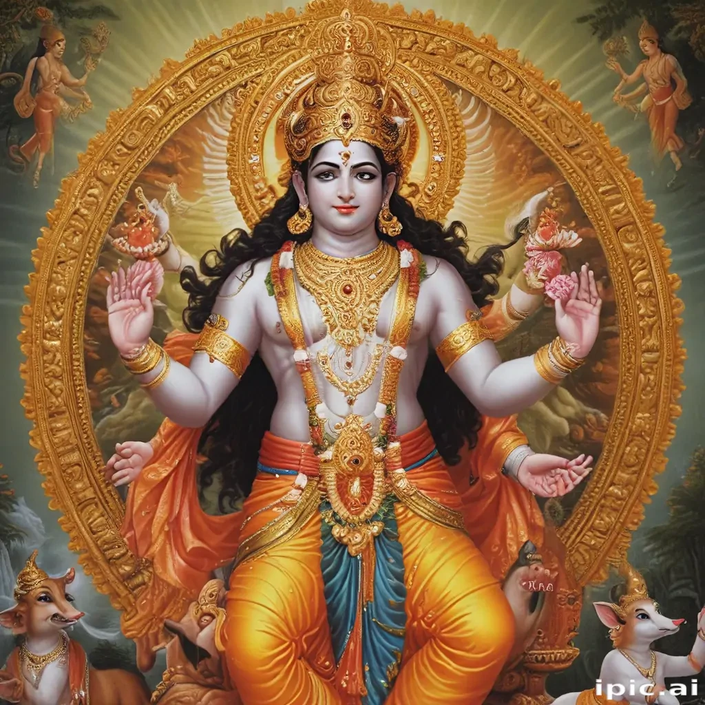 Vibrant Depiction of a Divine Figure Surrounded by Sacred Symbols and ...