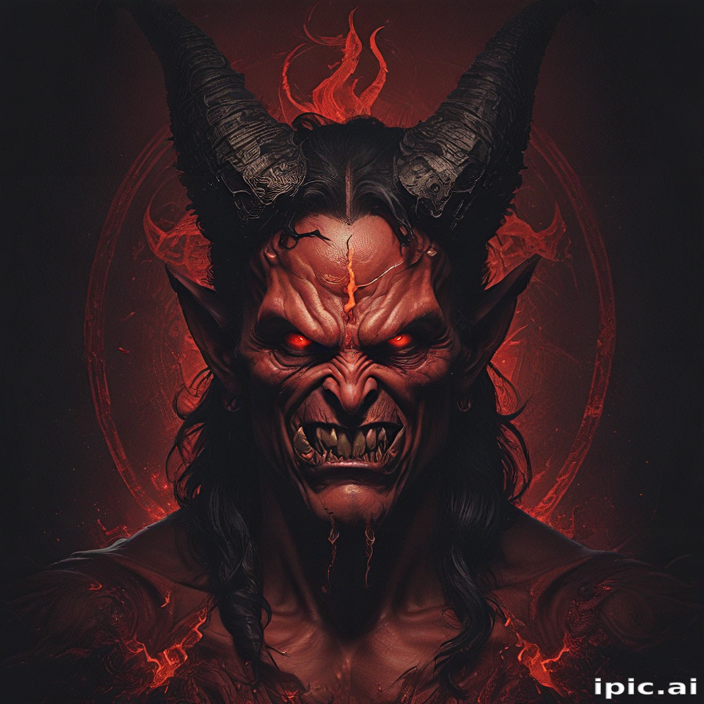 Sinister Demon with Horns and Fiery Eyes Surrounded by Dark Flames