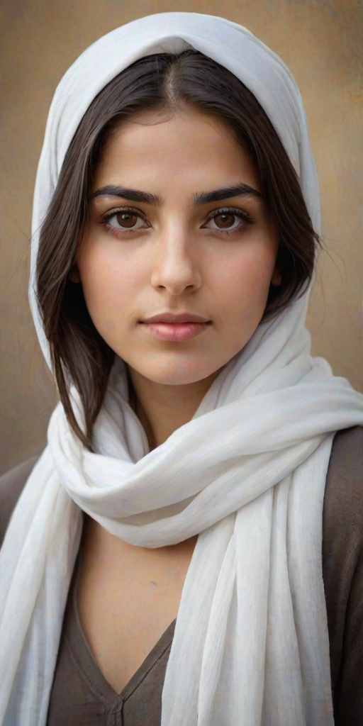 Portrait of a Young Woman in a White Headscarf with Soft Features