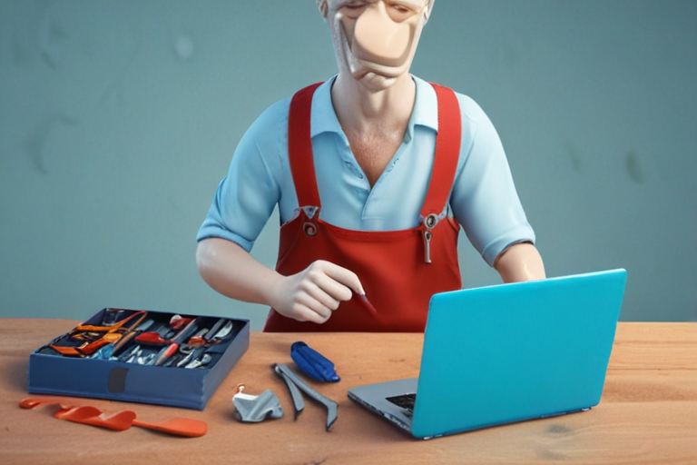 a 3d cartoon man repair laptop in table with reapring tools blue background