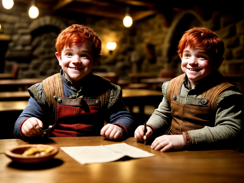 a red-haired halfling bard sitting at a table in a medieval tavern with ...
